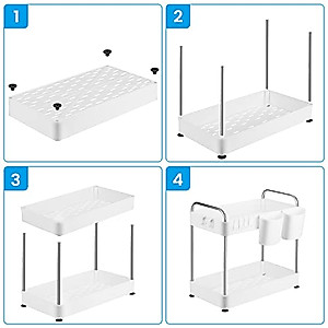 Cosy Life Under Sink Organizers and Storage, Kitchen Cabinet Organizer with 6 Hooks, 2 Hanging Cups and Anti-foot, 2 Tier Under Sink Organizers for Home Bathroom Kitchen