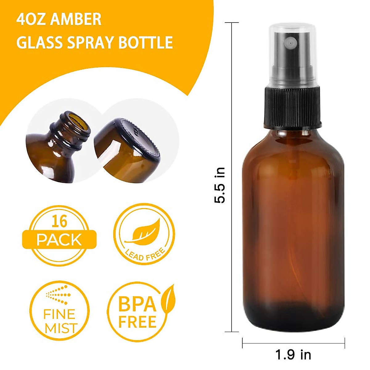 STARSIDE 16 Pack4oz Amber Glass Spray Bottles with Fine Mist Sprayer & Dust Cap for Essential Oils, Perfumes,Cleaning Products, 120 ml Fine Mist Glass Spray Bottle