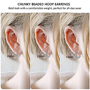 Nupdot Chunky Silver Hoop Earrings for Women | Thick 925 Sterling Silver Post Beaded Ball Huggies Earrings Lightweight Hypoallergenic Hoops Jewelry Gifts. 15mm