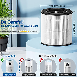 D10 Replacement Filter Compatible with Tailulu D10 HEPA Air Purifier, 3-in-1 H13 Grade True HEPA Replacement Filter, 360 Rotating D10 Filter, 2 Pack
