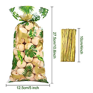 100 Pieces Jungle Animal Cellophane Treat Bags, Green Gold Safari Animal Palm Leaves Plastic Candy Goodie Bags with 100 Gold Twist Ties for Wild One Safari Baby Shower Birthday Party Favors