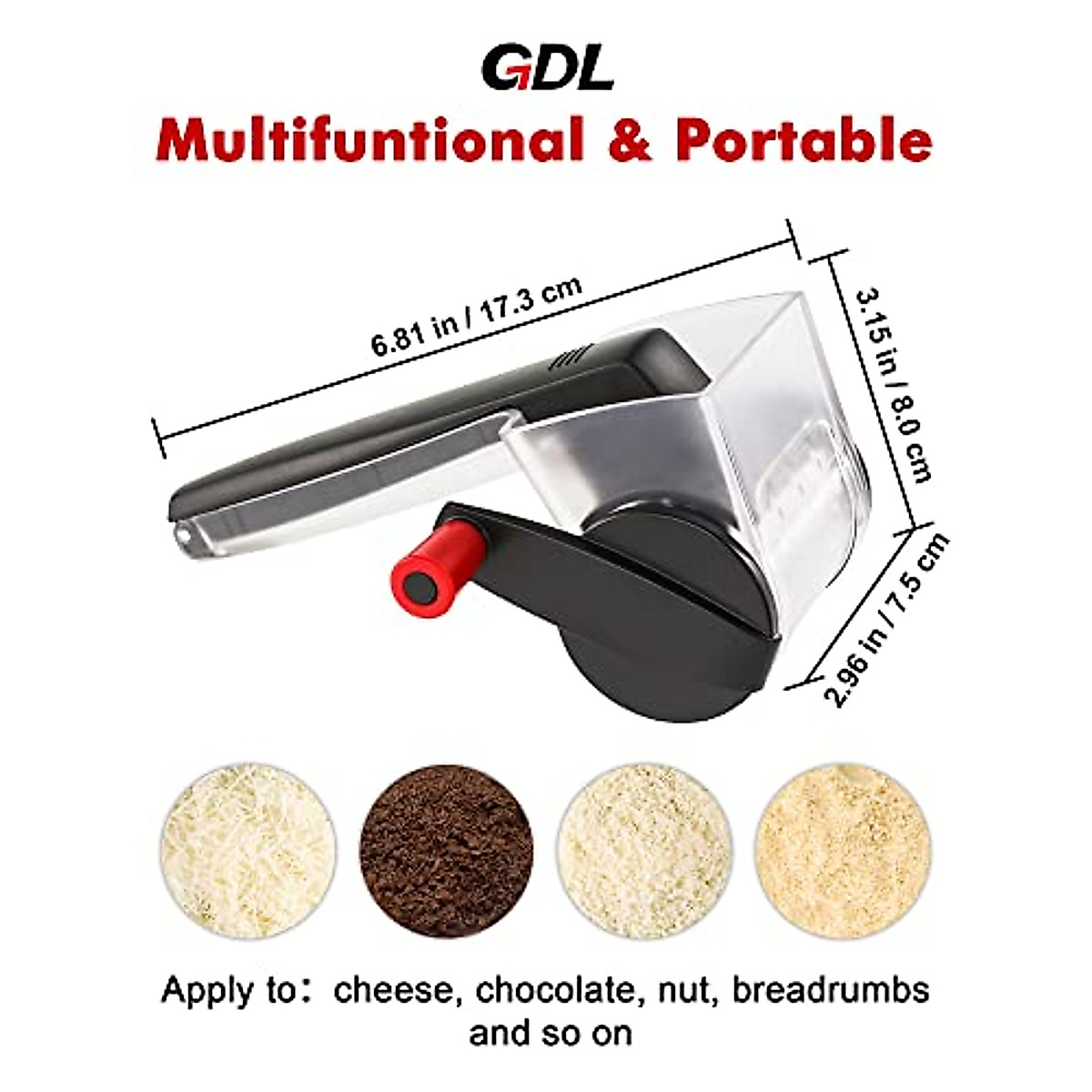 Rotary Cheese Grater, Handheld Cheese Grater for Kitchen, Dishwasher Safe Parmesan Cheese Grater with Stainless Steel Blade for Cheese, Nuts, Chocolate and More, Black