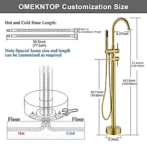Freestanding Bathtub Faucet Floor Mount Tub Filler Brush Gold, OMEKNTOP Modern Freestanding Tub Faucet with 360 Swivel Gooseneck Spout and Handheld Shower, Standing Tub Faucet for Bathroom