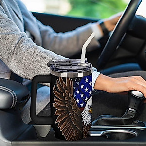USA Flag Patriotic Eagle Insulated Stainless Steel Travel Mug, 40 Oz Tumbler with Handle And Straw Double-Wall Vacuum Coffee Cup, Leak-Proof Lid, Keeps Drinks Hot/Cold for Hours