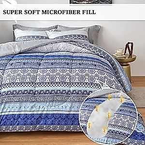 Flysheep Bohemian Striped Bed in a Bag 7 Pieces Queen Size, Boho Blue Grey Geometric Pattern Reversible Bed Comforter Set (1 Comforter, 1 Flat Sheet, 1 Fitted Sheet, 2 Pillow Shams, 2 Pillowcases)