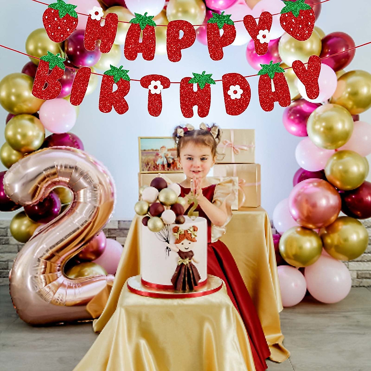 BIEUFBJI Strawberry Happy Birthday Banner, Glitter Strawberry Banner, Strawberry Theme Birthday Garland for Birthday Party Hanging Decorations