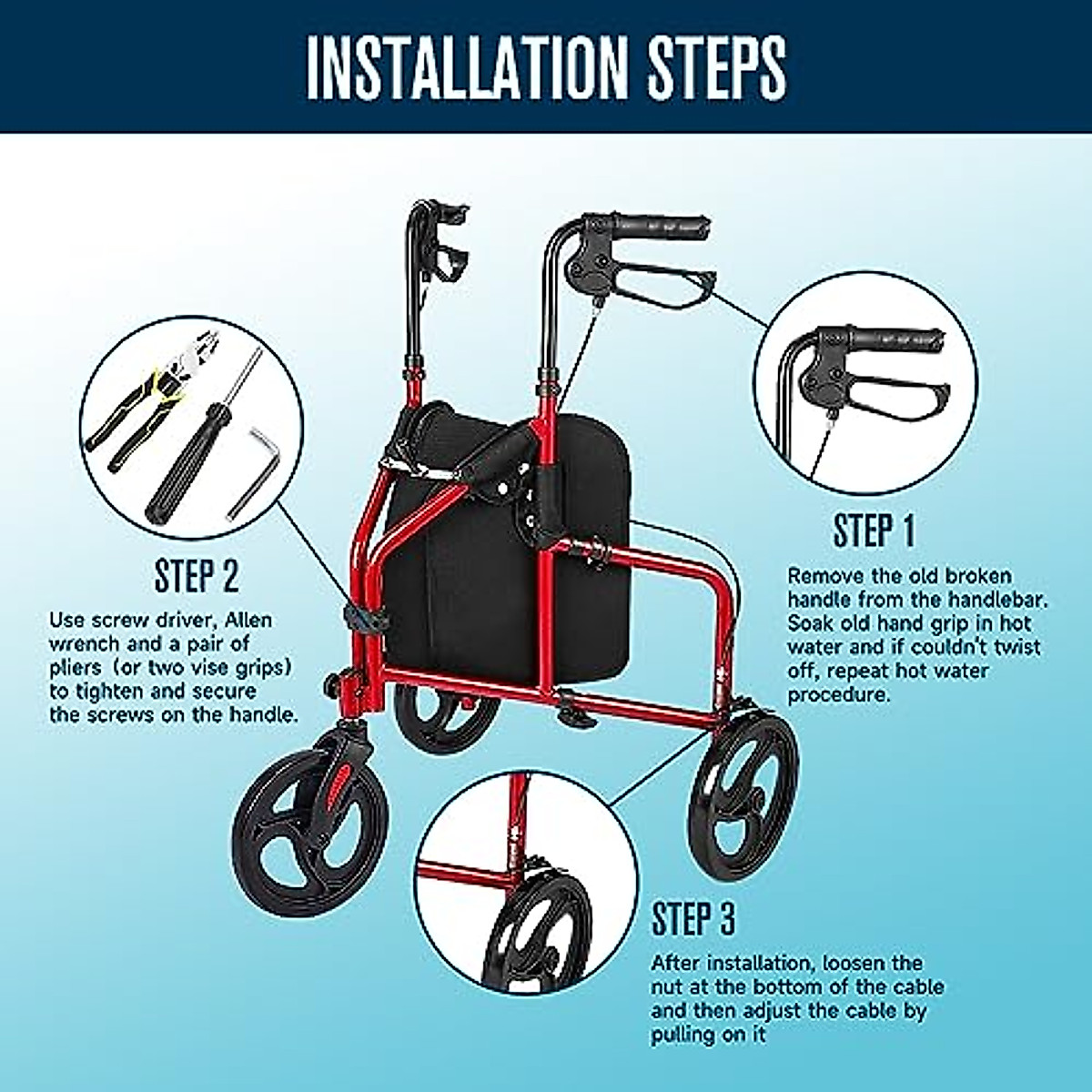 FVRITO Brake Handle with 41'' Cable Assembly Replacement for Medline Lumex 4-Wheel Folding Drive Rollator Rolling Walker Transport Wheelchair Mobility Knee Walkers Senior Medical Accessories