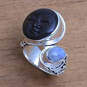 NOVICA Rainbow Moonstone .925 Sterling Silver Ring, Night Face'
