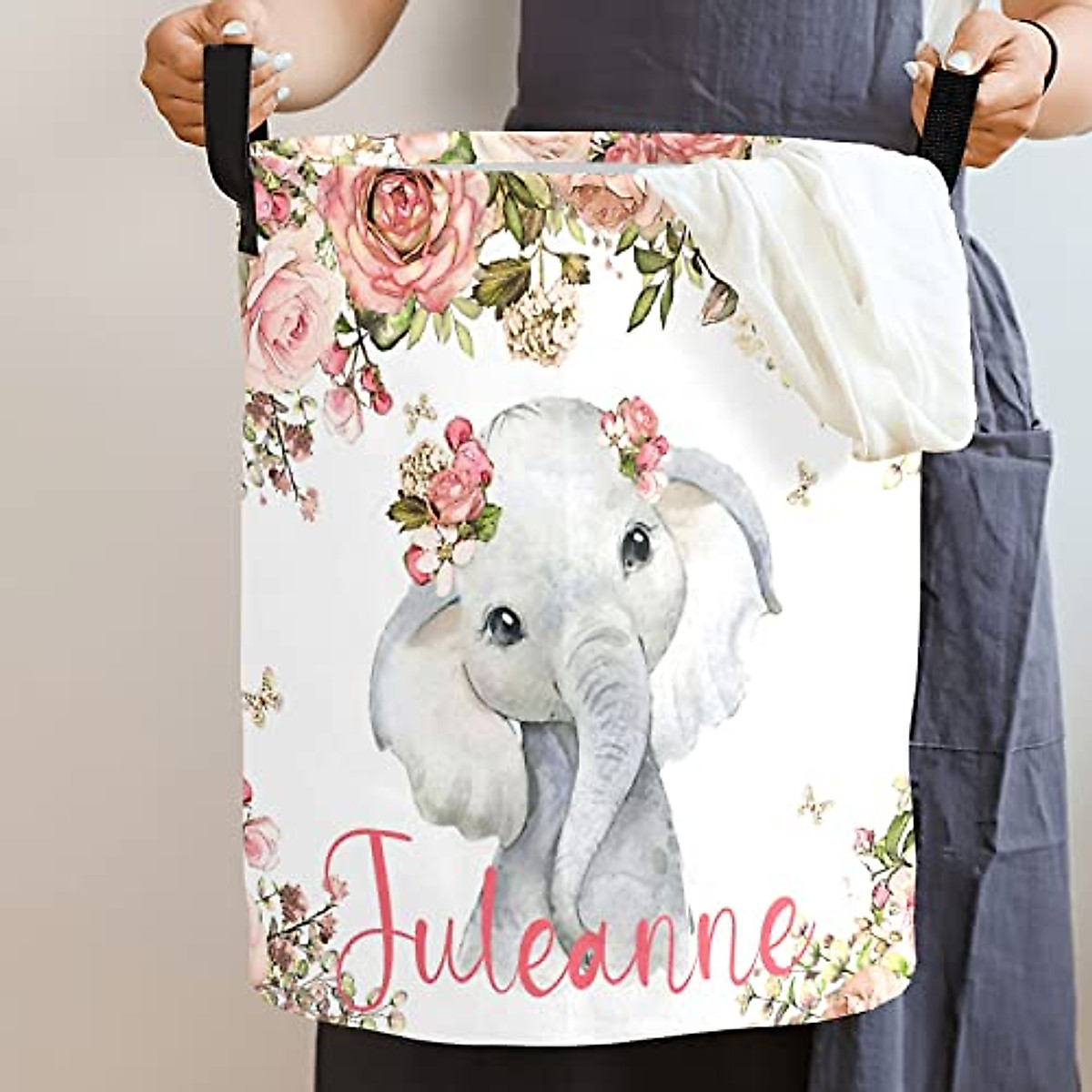 Personalized Laundry Baskets Custom Laundry Hamper Collapsible Clothes Storage Basket with Handle for Bathroom Living Room Bedroom (Baby elephant 11)