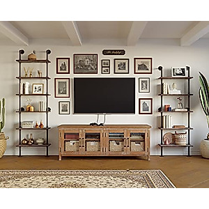 Yuanshikj 5 Tier Industrial Pipe Solid Wood Ladder Shelf/Shevles/Shelving Bookshelf/Bookcase Retro Metal Iron Pipes Wood Planks Rustic Display Wall Mounted for Collection Living Room Decor Storage