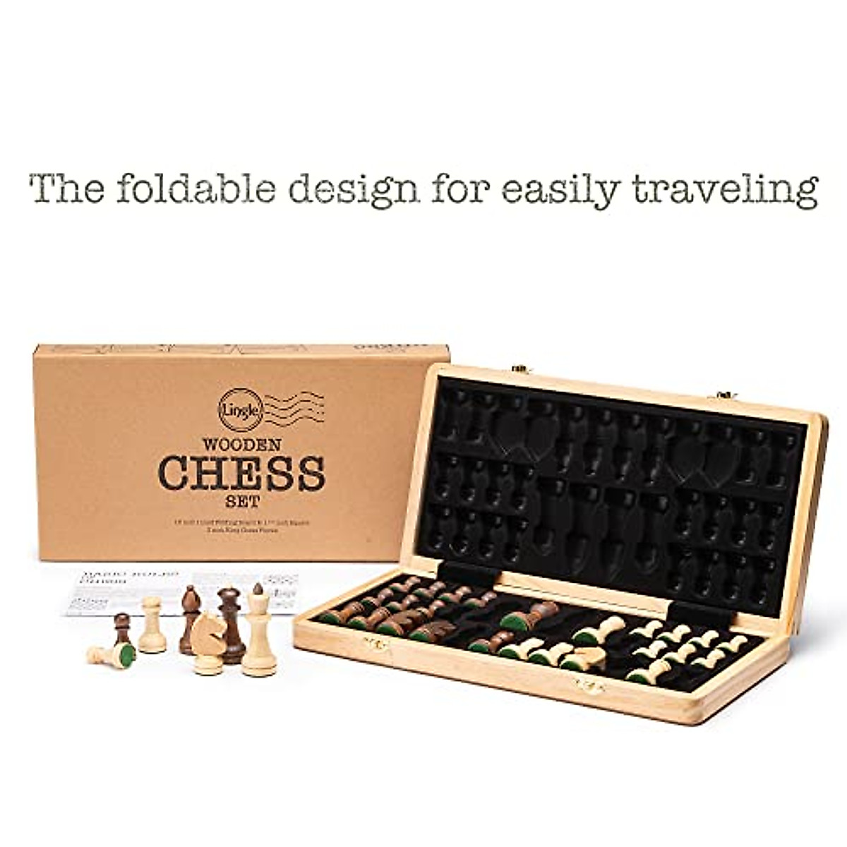 Lingle 15 Inch Travel Wooden Folding Chess Set w/ 3 Inch Kh Chess Pieces-Mahogany & Maple Inlay Board Games/Muslim Friendly