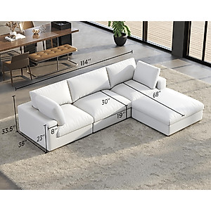PaPaJet Modular Sectional Sofa, 114 Inches Oversized Down Filled Sectional Sofa, 4 Seats L Shaped Comfy Couch with Chaise, Ottoman, Could Sofa for Living Room, White Linen Couch Set