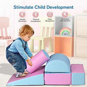 JOYMOR Soft Foam Climbing Blocks 5-Pieces Set, Climb and Crawl Foam Blocks, Beginner Toddler Climber Set with Slide & Ramp, Indoor Active Play Structures for Baby and Toddlers Age 1-3