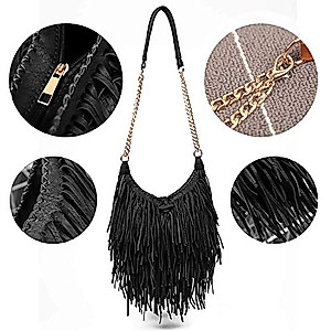 LUI SUI Women's Fashion Fringed Shoulder Bag Tassel Cross Body Bags (Black)