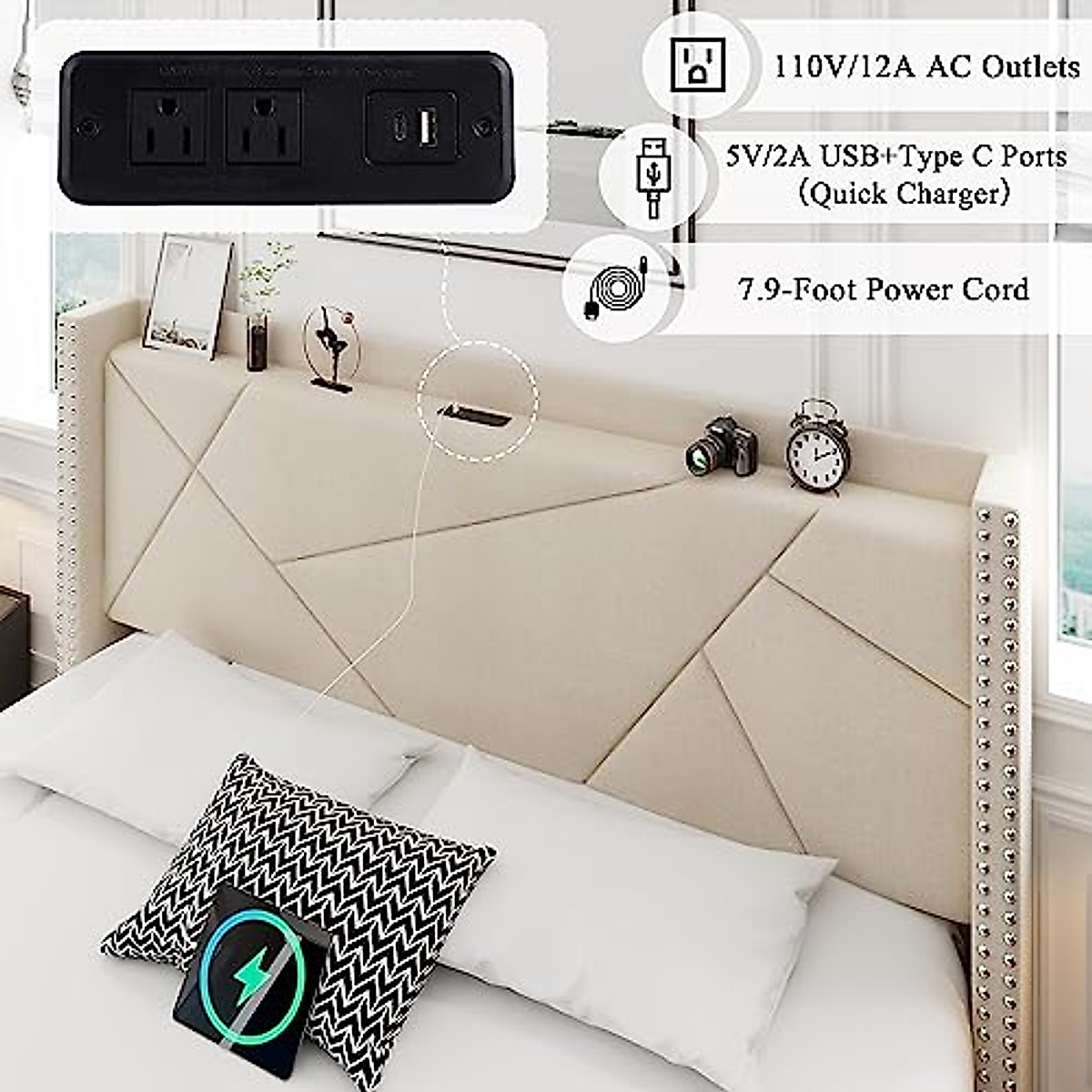 Feonase King Bed Frame with 4 Storage Drawers, Upholstered Platform Bed with Charging Station & Wingback Headboard, Solid Wood Slats Support, No Box Spring Needed, Noise-Free, Beige