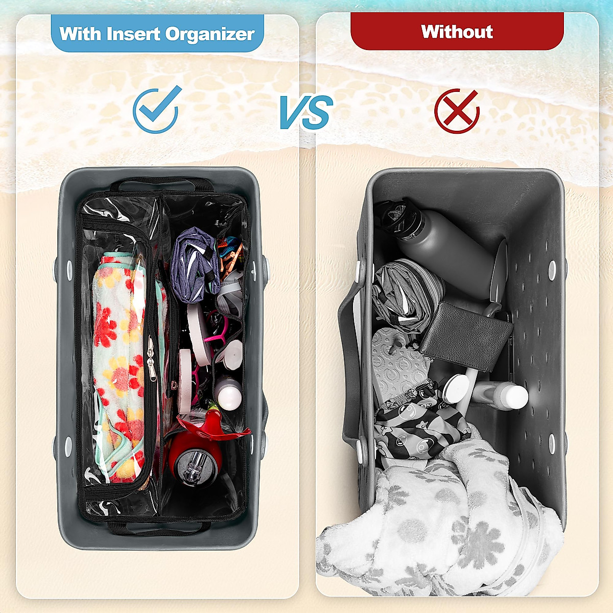 Rexmica Clear Beach Bag Organizer Insert Compatible with Bogg Bag X Large, Waterproof Beach Bag Insert Divider Pouch, Beach Tote Bag Insert Organizer Liner 15.6 x 8.4 x 10.8 Inches, Black