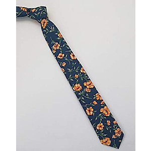 WITZROYS Men's Skinny Tie Floral Cotton Necktie and Tie Bar Clip Sets, Great for Weddings,Groom,Groomsmen (Blue & Orange #A4)