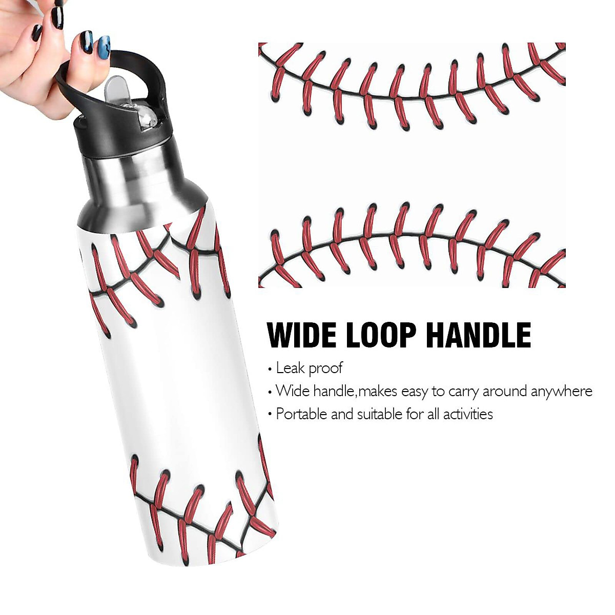 Kcldeci Baseball Pattern Sports Water Bottle 20 Oz Straw Lid Leak Proof Vacuum Insulated Stainless Steel Water Bottles Hot Cold Double Walled Thermo Mug Tumbler Travel Cup