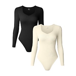 OQQ Women's 2 Piece Bodysuits Sexy Ribbed One Piece Long Sleeve Sweetheart V Neck Tops Bodysuits Black Beige