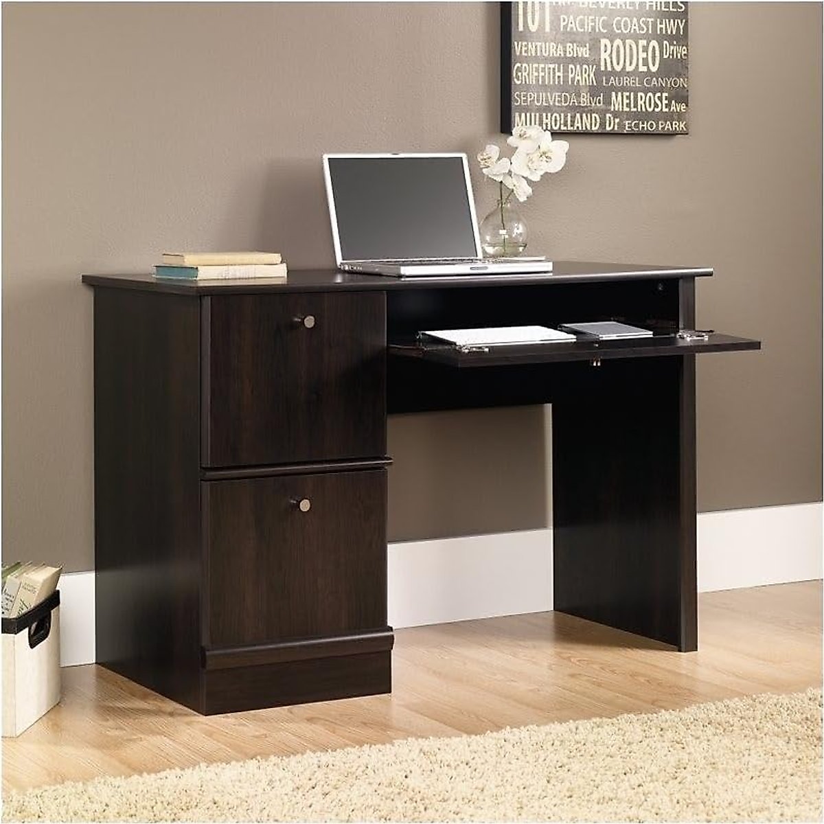 Pemberly Row Transitional Wood Computer Desk with Keyboard Tray in Cherry