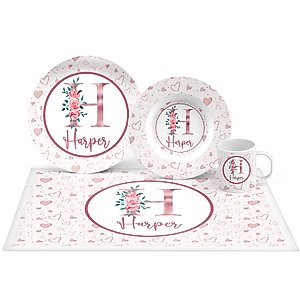Girls Personalized Floral Roses Monogram Plate Set, Mealtime Set, Plate, Bowl, Placemat, Mug - Choose Your Pieces