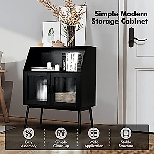 PETSITE Sideboard Buffet Storage Cabinet, Kitchen Accent Console Table with Open Shelf & Tempered Glass Door for Dining Room Hallway, Black