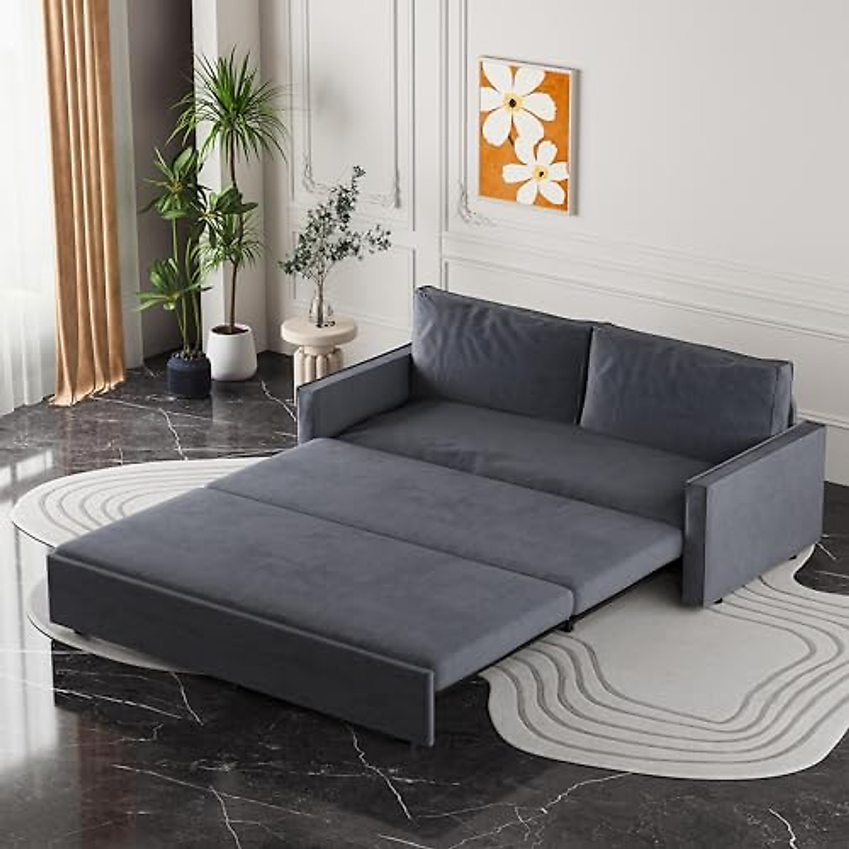 YUNLife&Home Pull Out Sleeper Sofa Bed,Convertible Futon Loveseat Sofá 3-in-1,Chaise Lounge Chair Velvet Upholstery 2-Seat Couch Reversible Folding Guest Daybed,USB Port,Queen Size,600lb Capacity