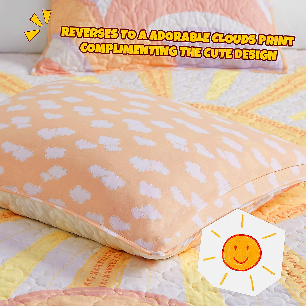 Urban Habitat Kids Twin Quilt Bedding Set Twin Coverlet Cotton Coverlet Sun Girls Twin Bedding Set Rainbow & Clouds Reversible Dawn Light & Breathable Sham Throw Pillow Twin Yellow/Coral 3 Piece