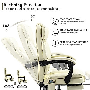 ONPNO Ergonomic Office Chair with Massager, Heated Office Chair Reclining Massage Desk Chair, Home Office Desk Chair w/Foot Rest, Padded Armrest, Height Adjustable Swivel Work Chair (White)
