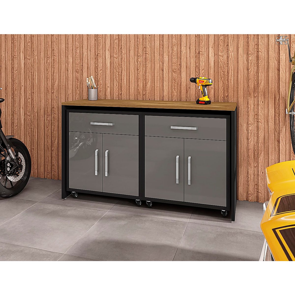 Manhattan Comfort Eiffel Garage Work Station Set of 3 in Matte Black and Gray