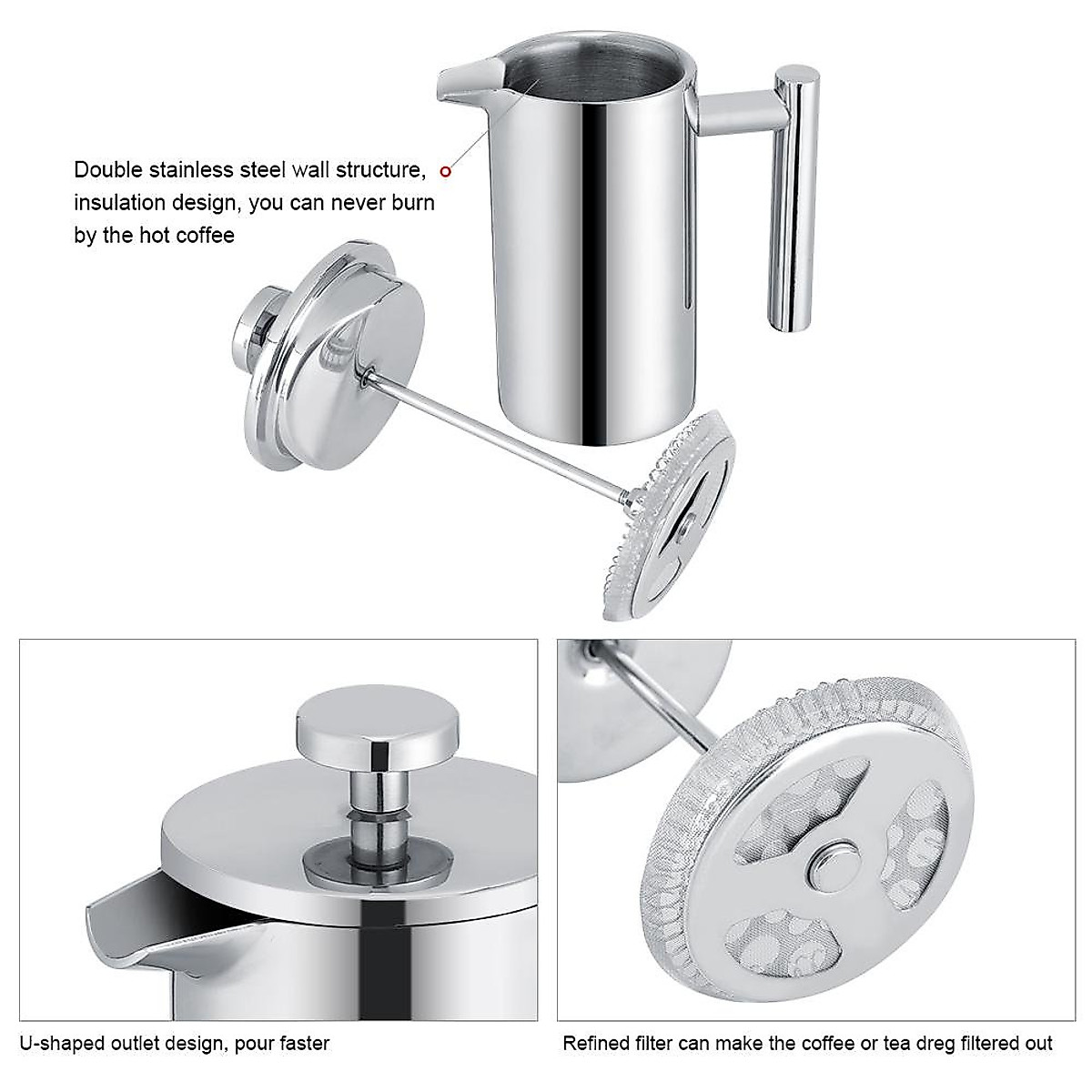 French Press Coffee Maker,Stainless Steel Double Walled 12 oz Espresso Maker Press Tea Pot with Filter