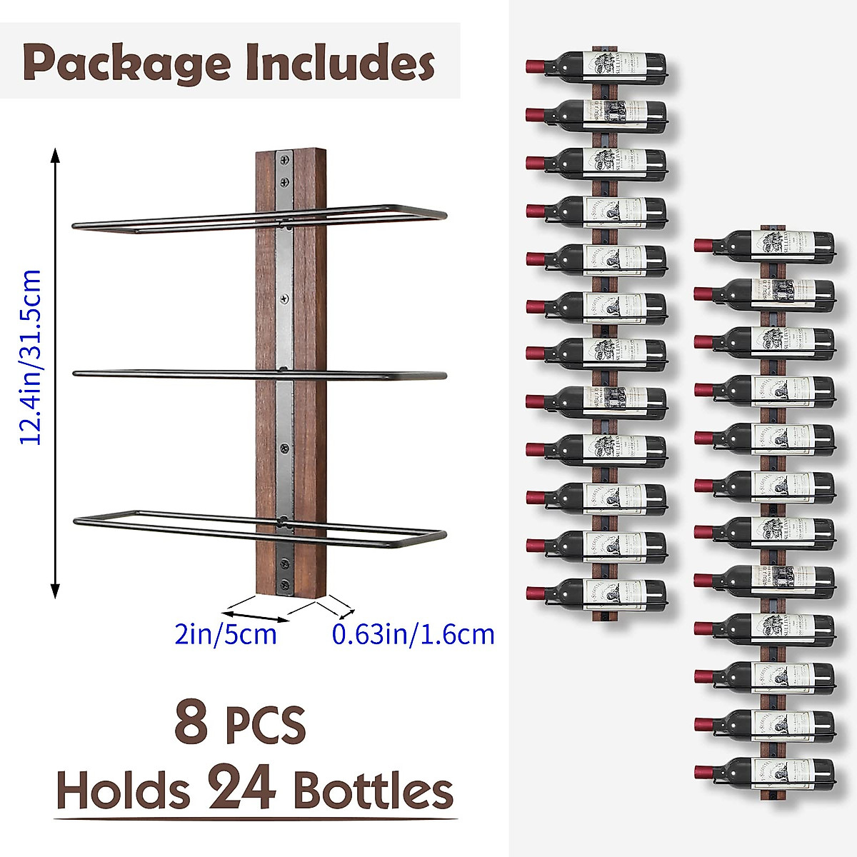 Wine Rack Wall Mounted for 24 Wine Bottles, Wall Wine Rack Wood Wine Racks for Wall, Wine Holder Wall Mounted Wine Bottle Racks for Kitchen, Dining Room, Bar