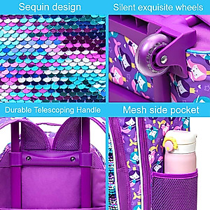 gxtvo Rolling Backpack for Girls, Roller Wheels Kids Bookbag - Wheeled Suitcase Elementary Sequin School Bag - 3PCS Mermaid