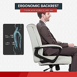 Home Office Chair Ergonomic Desk Chair PU Leather Task Chair Executive Rolling Swivel Mid Back Computer Chair with Lumbar Support Armrest Adjustable Chair for Men (White)