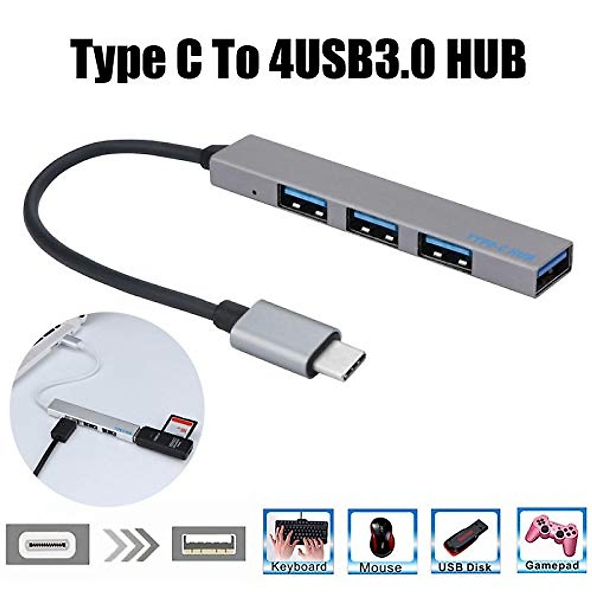 SHYPT Type-C to 4 USB Hub Expander Thin Mini Portable 4-Port USB 2.0 Hub USB Power Interface Laptop Tablet Comput