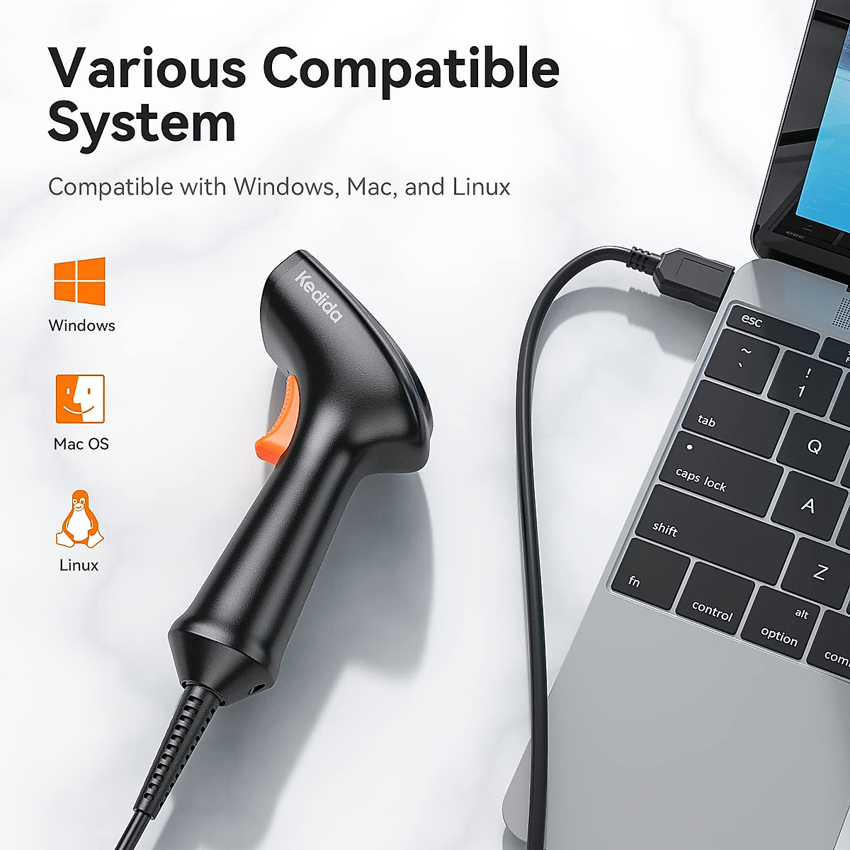 Kedida Barcode Scanner, Handheld Inventory 1D Bar Code Scanners for Computer, Automatic Label UPC EAN Reader with 6ft/2m Long USB Cable Used for Supermarket Warehouse Library and More