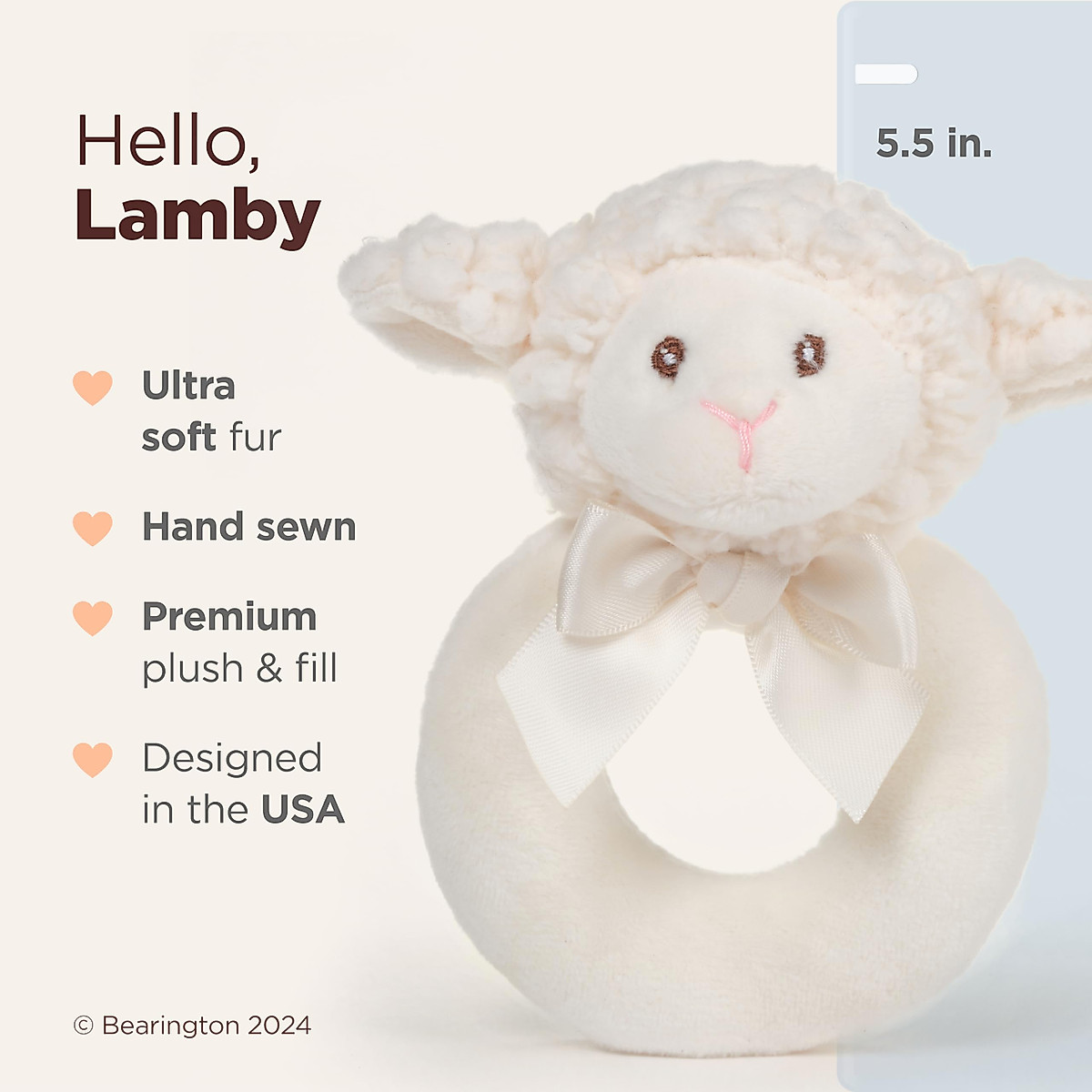 Bearington Collection Baby Lamby, 5.5 Inch Cream Lamb Plush Stuffed Animal, Soft Baby Rattles and Plush Rings