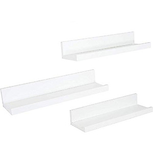 BD ART Wall Mounted Ledges - Set of Three 14 Inch White Wooden Floating Shelves, Perfect for Display Picture Frames, Books in Living Room, Bedroom, Kitchen, Nursery Room