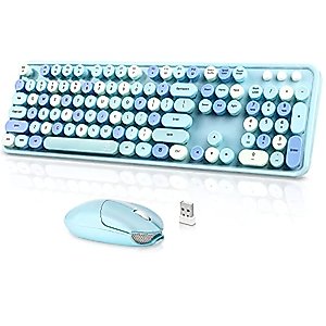 FUNZING Wireless Keyboard and Mouse Combo, Blue Colorful Retro Typewriter 2.4GHz Full Size Keyboard Mice for Windows/Computer/Desktop/Mac/PC