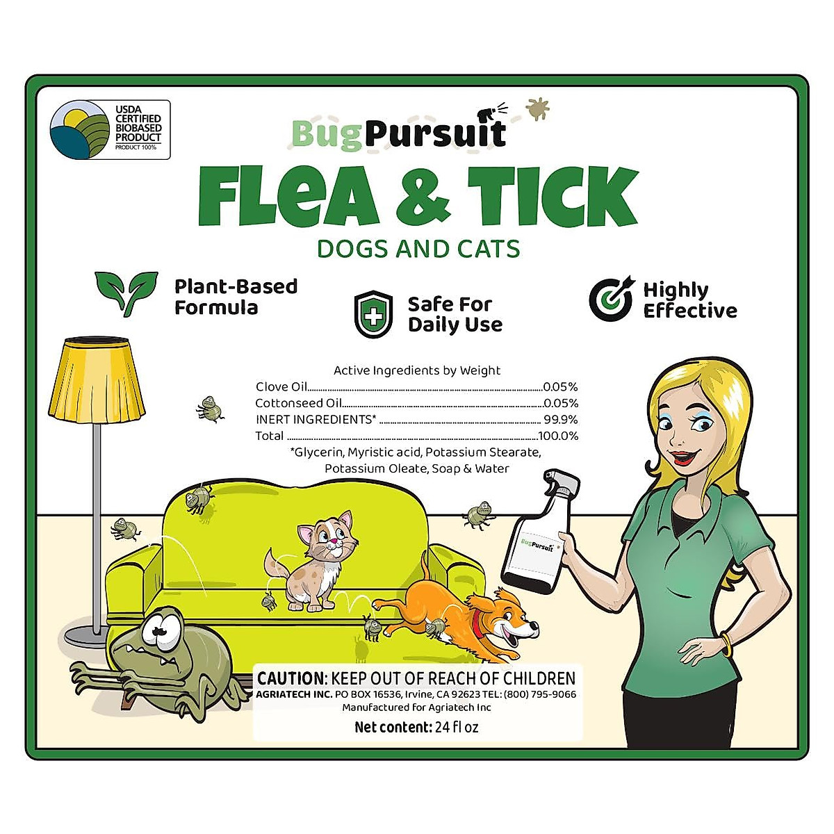 BugPursuit 24oz Flea &Tick Spray, Flea and Tick Prevention for Dogs, Cats, Non-Toxic, Safe for Pets & Kids, Flea and Tick Spray for Home, Killer Flea, Tick, Lice, 100% USDA Biobased, Made in USA