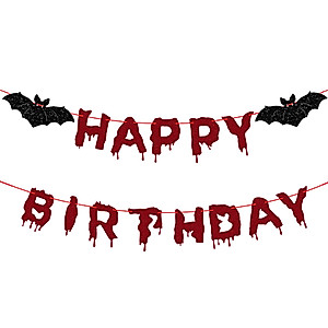 Red Glittery Happy Birthday Halloween Banner, Simple Suspension Halloween Birthday Party Supplies Horror Themed Birthday Decorations, Bat Vampire Halloween Party Scary Horror Party Decorations