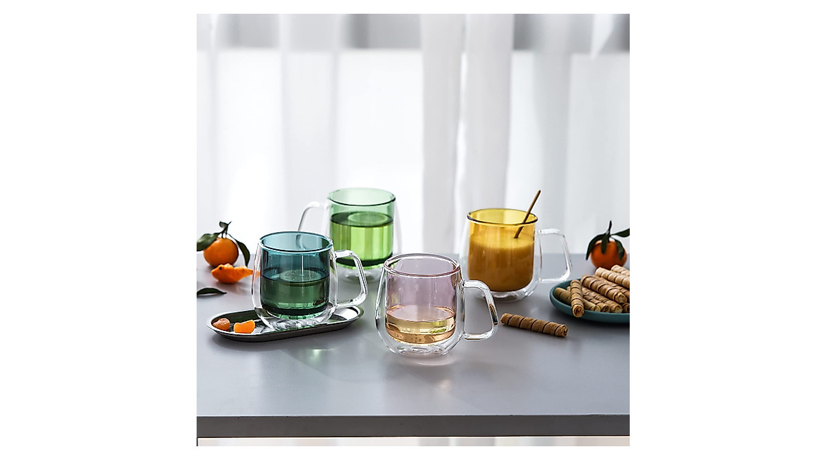 Colorful Double Walled Glass Coffee Mug Set - 4 Insulated Cups