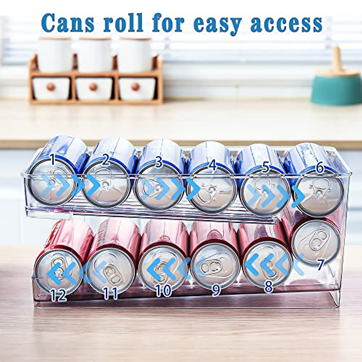 Mano Set of 2 Rolling Soda Can Organizer for Refrigerator, Clear Drink Dispenser for Pop Beer Soda Seltzer Beverage Can Holder, Plastic Fridge Organizer Bins Pantry Storage Rack