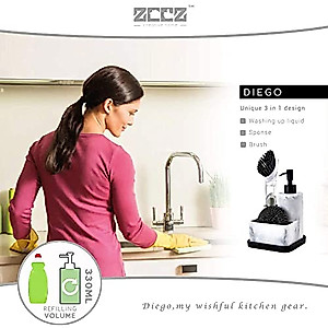 ZCCZ White Soap Dispenser with Sponge Holder, Kitchen Soap Dispenser Pump, Sponge Caddy and Brush Holder 3 in 1 Set Organizer for Sink Countertop, Removable Tray, Marble Look