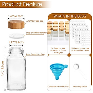 24 Pcs Glass Spice Jars with Airtight Bamboo Lids, 6oz 180ml Empty Square Seasoning Bottles Containers with Shaker Lids, Labels, Measuring Spoon& Silicone Funnel Good for Spice Rack Cabinet Drawer