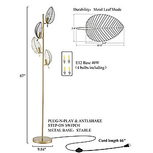 WOXXX Industrial Gold Floor Lamp with 4 Brush Black Finish Leaf Shade, Modern Tree Floor Lamps for Living Room Bedrooms Reading Standing Lamp Living Room Lamps Farmhouse Tall Lamp (4 Bulbs Included)