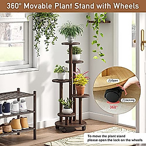FILWH 5 Tier Plant Stand For Outdoor Indoor Tall Bamboo Movable Flower Stand With Wheels Plant Shelf Pot Holder Plants Corner Display Rack Multiple Planter For Living Room Balcony Garden Patio(Brown)