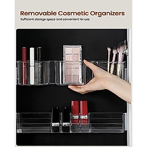 Hzuaneri 8 LEDs Jewelry Cabinet Armoire, 42.7" Tall Frameless Mirror Jewelry Organizer, lockable Wall/Door Mounted Makeup Jewelry Storage with Mirror, 4 Shelves, White and Black JC10803B