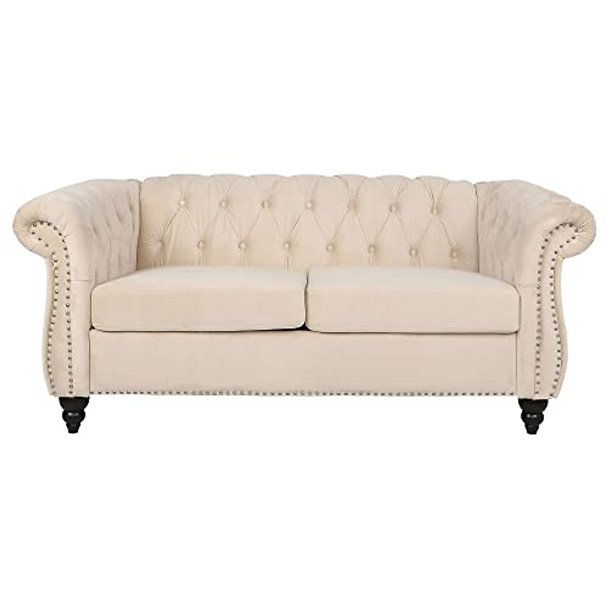 MIYZEAL Modern Chesterfield Loveseat, Velvet 2 Seater Couch Upholstered Sofa with Tufted Back, Roll Arm Classic Settee with Nailhead Trim for Living Room Bedroom (Beige)