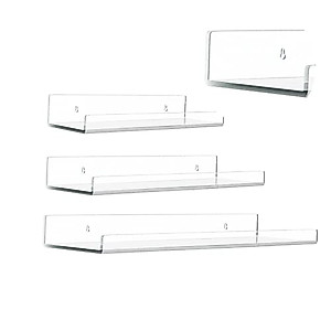 ROYALITA Clear Acrylic Floating Shelves - Set of 3 (16.5", 13.2", 9.3") - 4mm Save Space Floating Wall Decor Storage Shelves - Easy to Install & Multiuse Display for Funko Pops, Plants, Books, Makeup